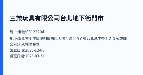 三樂玩具有限公司台北地下街門市的照片-統編 88122204(臺北市) 公司登記資料與營業項目詳細圖表