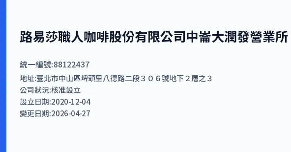 路易莎職人咖啡股份有限公司中崙大潤發營業所的照片-統編 88122437(臺北市) 公司登記資料與營業項目詳細圖表