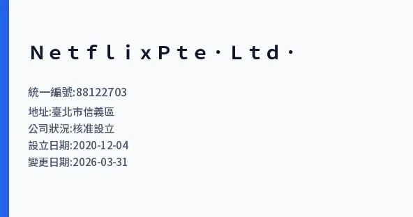 Netflix Pte. Ltd.的照片-統編 88122703(臺北市) 公司登記資料與營業項目詳細圖表