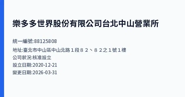 樂多多世界股份有限公司台北中山營業所的照片-統編 88125808(臺北市) 公司登記資料與營業項目詳細圖表