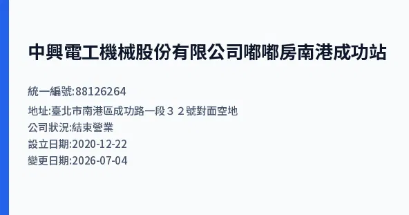 中興電工機械股份有限公司嘟嘟房南港成功站的照片-統編 88126264(臺北市) 公司登記資料與營業項目詳細圖表