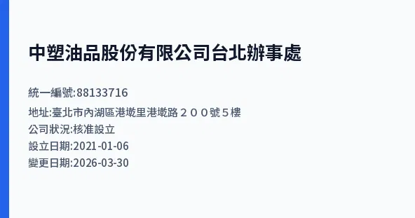 中塑油品股份有限公司台北辦事處的照片-統編 88133716(臺北市) 公司登記資料與營業項目詳細圖表