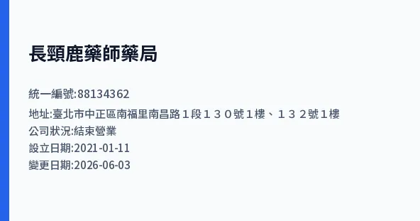 長頸鹿藥師藥局的照片-統編 88134362(臺北市) 公司登記資料與營業項目詳細圖表