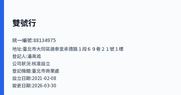 雙號行的照片-統編 88134975(臺北市) 公司登記資料與營業項目詳細圖表