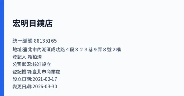 宏明目鏡店的照片-統編 88135165(臺北市) 公司登記資料與營業項目詳細圖表
