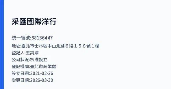 采匯國際洋行的照片-統編 88136447(臺北市) 公司登記資料與營業項目詳細圖表