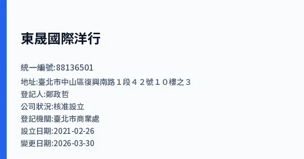 東晟國際洋行的照片-統編 88136501(臺北市) 公司登記資料與營業項目詳細圖表