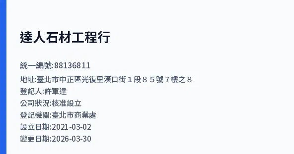 達人石材工程行的照片-統編 88136811(臺北市) 公司登記資料與營業項目詳細圖表