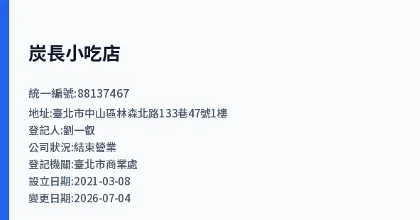 炭長小吃店的照片-統編 88137467(臺北市) 公司登記資料與營業項目詳細圖表