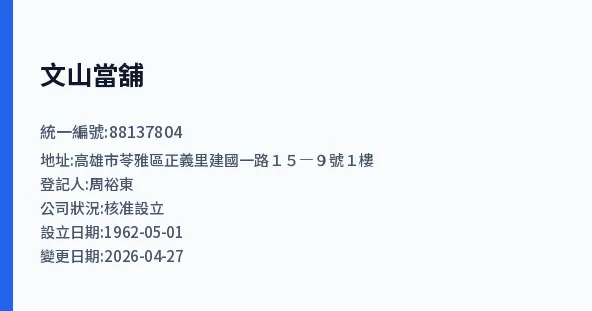 文山當舖的照片-統編 88137804(高雄市) 公司登記資料與營業項目詳細圖表