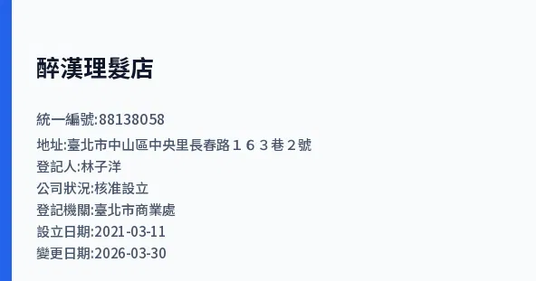 醉漢理髮店的照片-統編 88138058(臺北市) 公司登記資料與營業項目詳細圖表