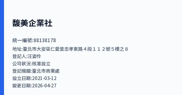 馥美企業社的照片-統編 88138178(臺北市) 公司登記資料與營業項目詳細圖表