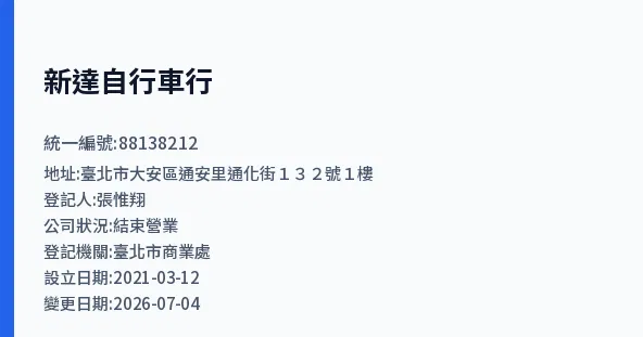 新達自行車行的照片-統編 88138212(臺北市) 公司登記資料與營業項目詳細圖表