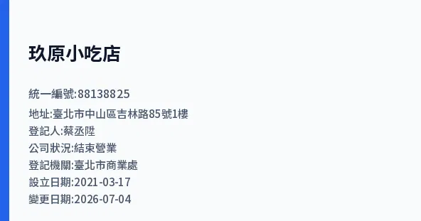 玖原小吃店的照片-統編 88138825(臺北市) 公司登記資料與營業項目詳細圖表