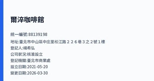 爾淬咖啡館的照片-統編 88139198(臺北市) 公司登記資料與營業項目詳細圖表