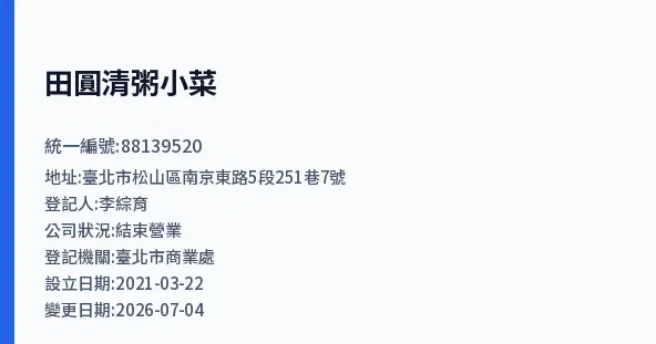 田圓清粥小菜的照片-統編 88139520(臺北市) 公司登記資料與營業項目詳細圖表
