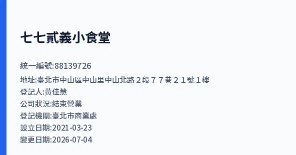 七七貳義小食堂的照片-統編 88139726(臺北市) 公司登記資料與營業項目詳細圖表