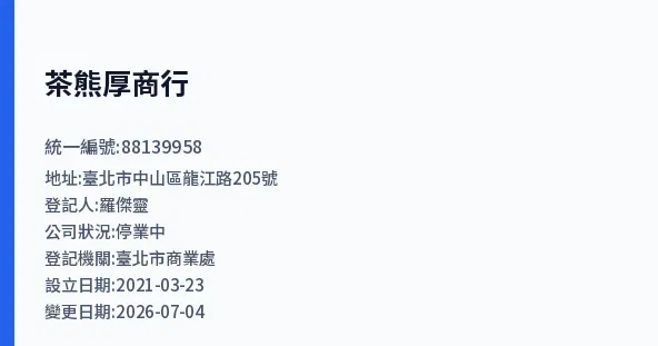 茶熊厚商行的照片-統編 88139958(臺北市) 公司登記資料與營業項目詳細圖表