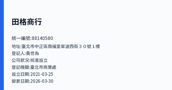 田格商行的照片-統編 88140580(臺北市) 公司登記資料與營業項目詳細圖表