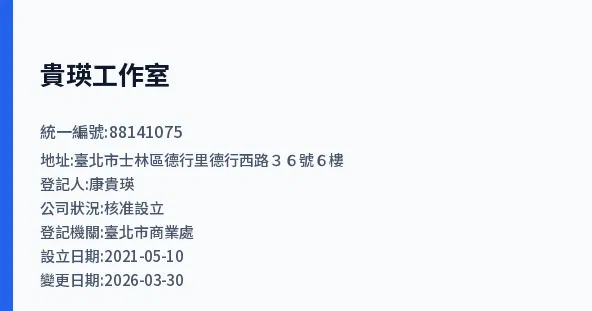 貴瑛工作室的照片-統編 88141075(臺北市) 公司登記資料與營業項目詳細圖表