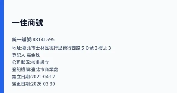 一佳商號的照片-統編 88141595(臺北市) 公司登記資料與營業項目詳細圖表