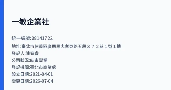 一敏企業社的照片-統編 88141722(臺北市) 公司登記資料與營業項目詳細圖表