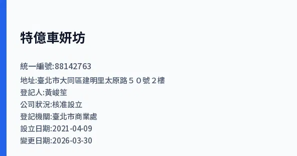 特億車妍坊的照片-統編 88142763(臺北市) 公司登記資料與營業項目詳細圖表
