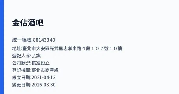 金佔酒吧的照片-統編 88143340(臺北市) 公司登記資料與營業項目詳細圖表