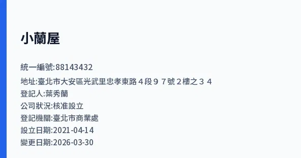 小蘭屋的照片-統編 88143432(臺北市) 公司登記資料與營業項目詳細圖表