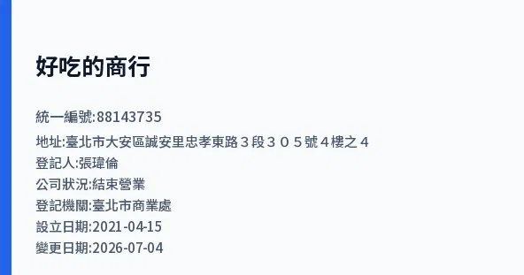好吃的商行的照片-統編 88143735(臺北市) 公司登記資料與營業項目詳細圖表