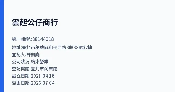 雲起公仔商行的照片-統編 88144018(臺北市) 公司登記資料與營業項目詳細圖表