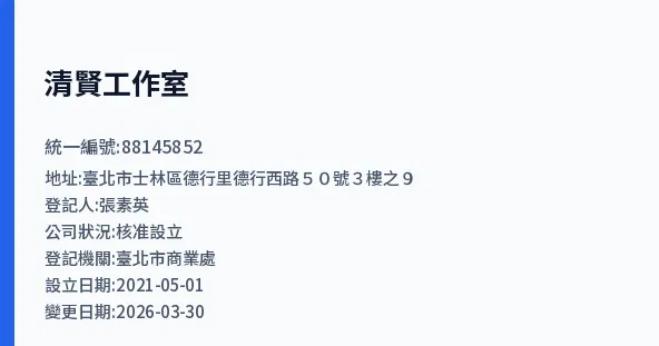 清賢工作室的照片-統編 88145852(臺北市) 公司登記資料與營業項目詳細圖表