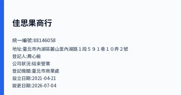 佳思果商行的照片-統編 88146058(臺北市) 公司登記資料與營業項目詳細圖表