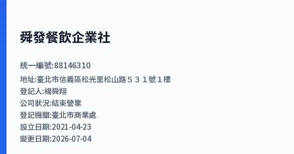 舜發餐飲企業社的照片-統編 88146310(臺北市) 公司登記資料與營業項目詳細圖表