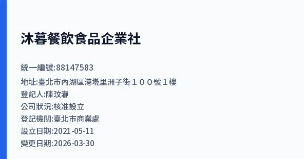 沐暮餐飲食品企業社的照片-統編 88147583(臺北市) 公司登記資料與營業項目詳細圖表