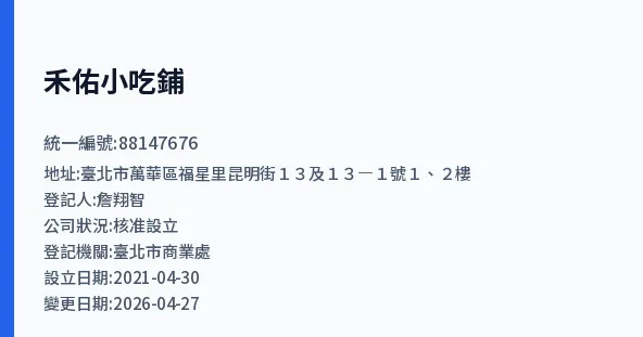 禾佑小吃鋪的照片-統編 88147676(臺北市) 公司登記資料與營業項目詳細圖表