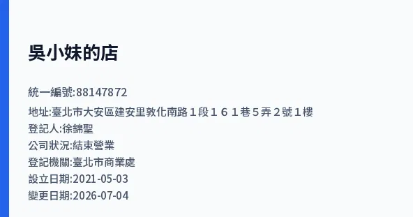吳小妹的店的照片-統編 88147872(臺北市) 公司登記資料與營業項目詳細圖表