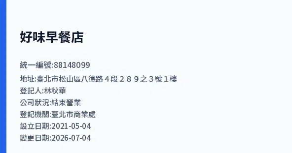好味早餐店的照片-統編 88148099(臺北市) 公司登記資料與營業項目詳細圖表