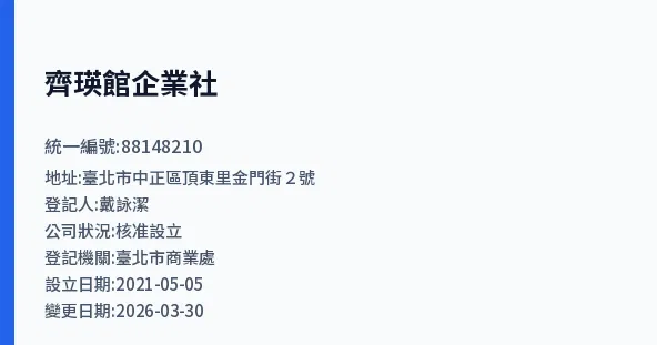 齊瑛館企業社的照片-統編 88148210(臺北市) 公司登記資料與營業項目詳細圖表