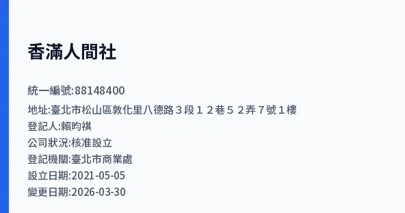 香滿人間社的照片-統編 88148400(臺北市) 公司登記資料與營業項目詳細圖表