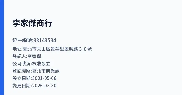 李家傑商行的照片-統編 88148534(臺北市) 公司登記資料與營業項目詳細圖表