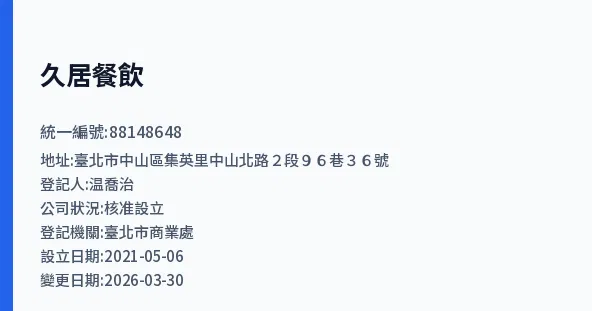 久居餐飲的照片-統編 88148648(臺北市) 公司登記資料與營業項目詳細圖表