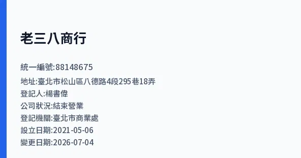 老三八商行的照片-統編 88148675(臺北市) 公司登記資料與營業項目詳細圖表