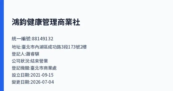 鴻鈞健康管理商業社的照片-統編 88149132(臺北市) 公司登記資料與營業項目詳細圖表