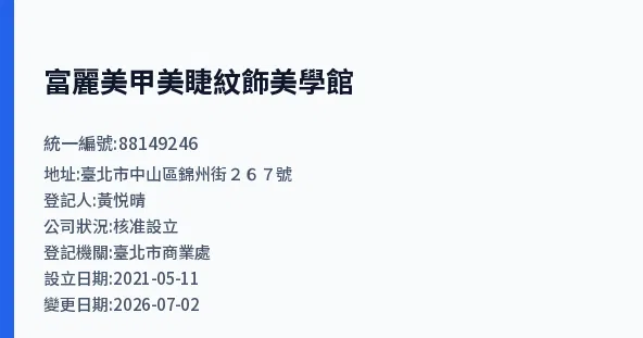 富麗美甲美睫紋飾美學館的照片-統編 88149246(臺北市) 公司登記資料與營業項目詳細圖表
