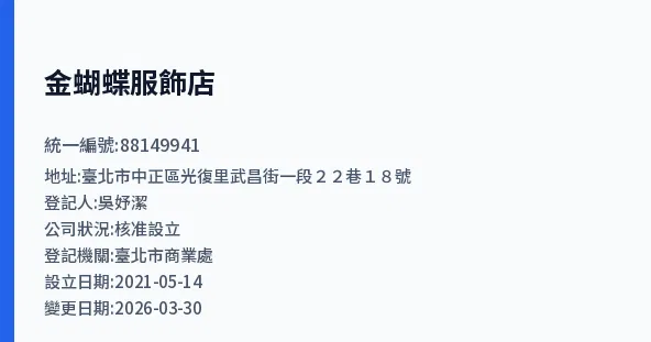 金蝴蝶服飾店的照片-統編 88149941(臺北市) 公司登記資料與營業項目詳細圖表
