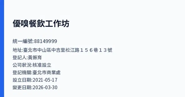 優嗅餐飲工作坊的照片-統編 88149999(臺北市) 公司登記資料與營業項目詳細圖表