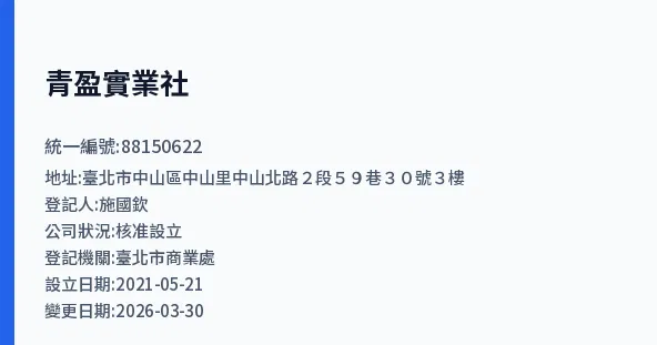 青盈實業社的照片-統編 88150622(臺北市) 公司登記資料與營業項目詳細圖表