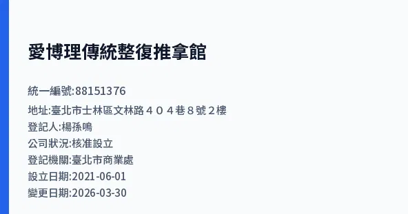 愛博理傳統整復推拿館的照片-統編 88151376(臺北市) 公司登記資料與營業項目詳細圖表