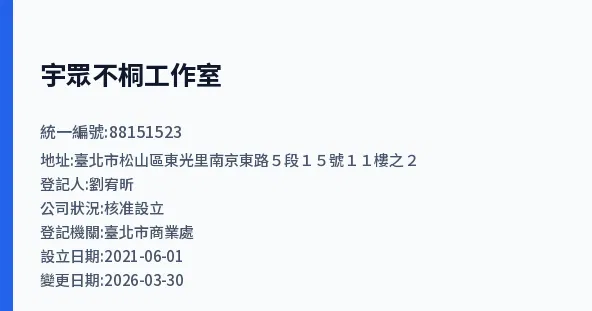 宇眾不桐工作室的照片-統編 88151523(臺北市) 公司登記資料與營業項目詳細圖表